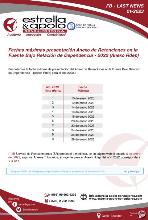 Last News 01-2023 – Fechas máximas presentación Anexo de Retenciones en ...